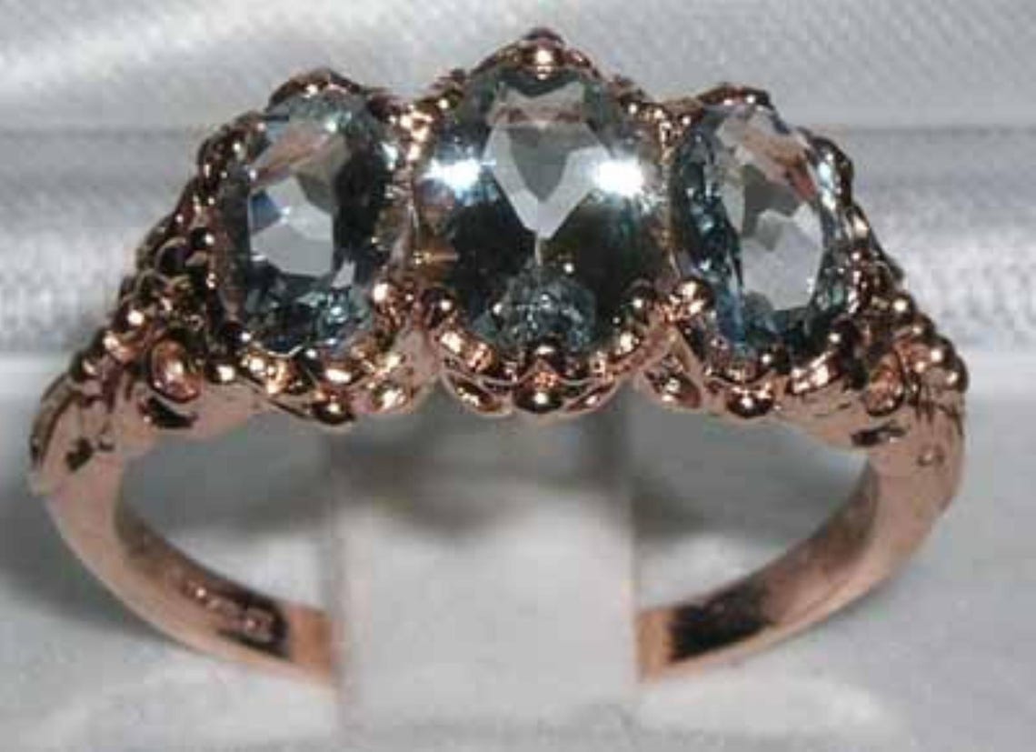 English Victorian Style 9K Rose Gold Natural Aquamarine 3 Stone Ring ...