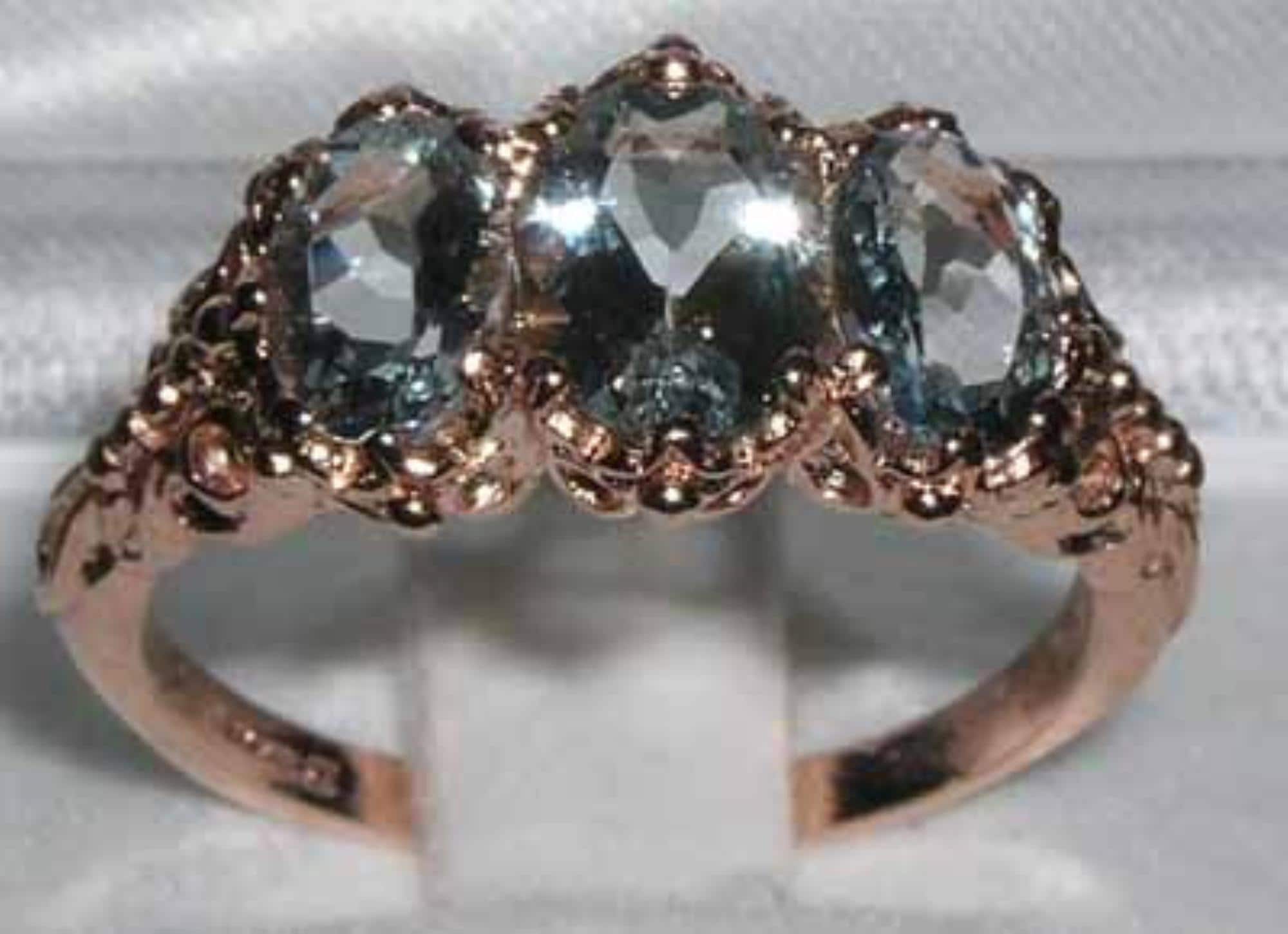 English Victorian Style 9K Rose Gold Natural Aquamarine 3 Stone Ring ...