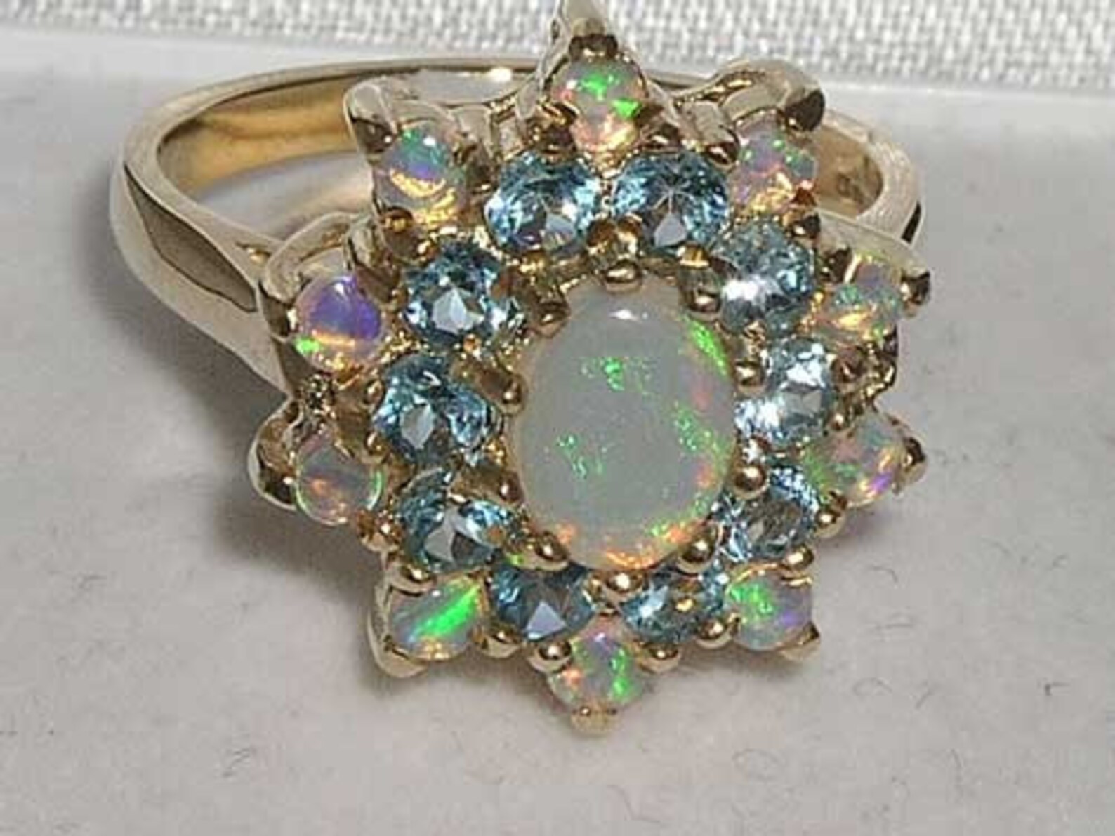 14K Solid Yellow Gold Natural Opal & Blue Topaz English - Etsy