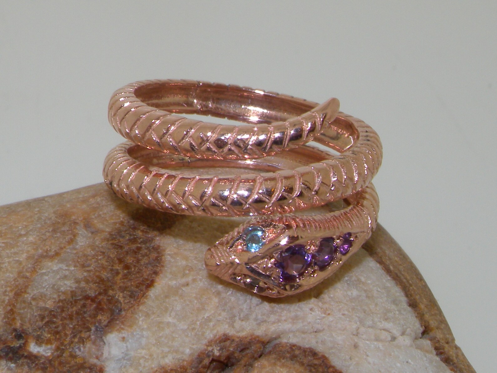 9K Gold Amethyst & Blue Topaz Snake Ring | Natural Amethyst and Blue ...
