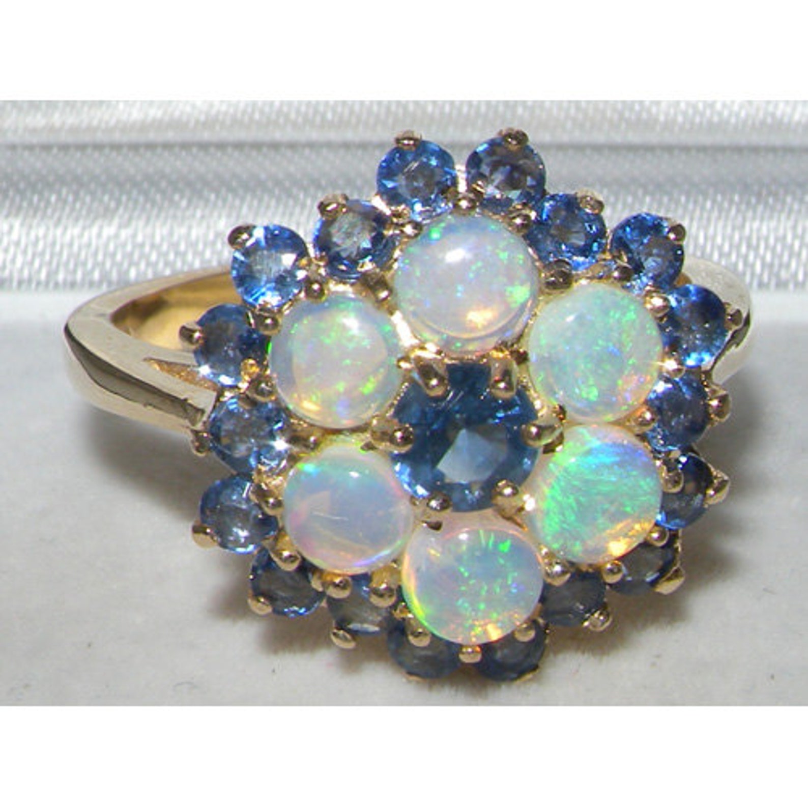 9K Yellow Gold Natural Ceylon Sapphire & Colorful Opal Colorful Cluster ...