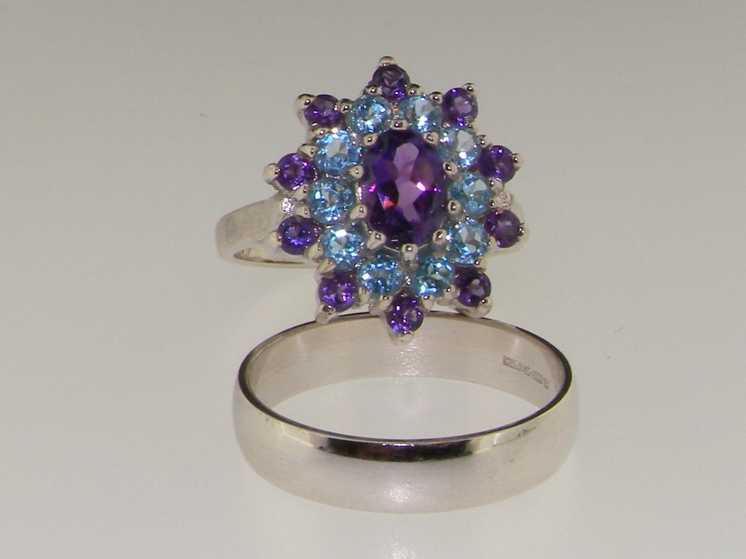 Unique English Bridal Ring Set, 9K White Gold Natural Amethyst and Blue ...