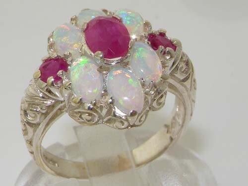 Solid 925 Sterling Silver Natural Ruby & Colorful Opal Victorian Style ...