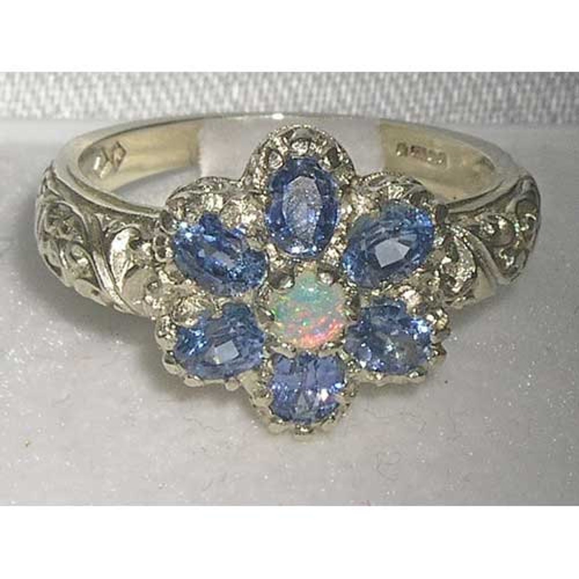 9K White Gold Natural Colorful Opal & Blue Ceylon Sapphire Cluster ...