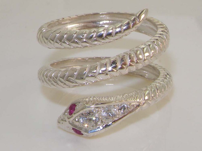 Solid English 925 Sterling Silver Ruby & Cubic Zirconia Snake Band Wrap ...