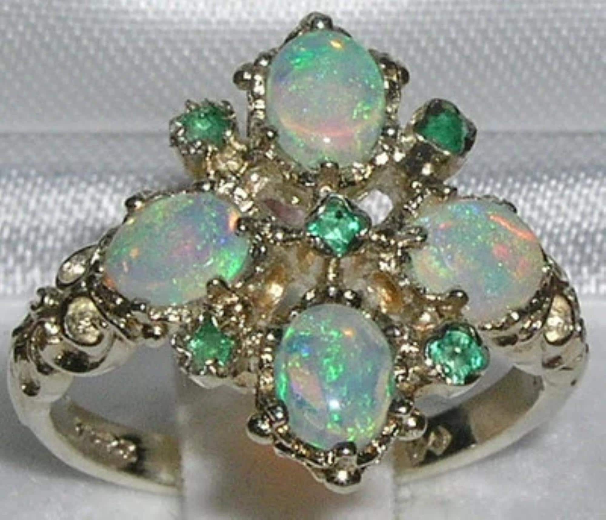 Large 9K 9ct White Gold Natural Natural Emerald & Rainbow Colorful Opal ...
