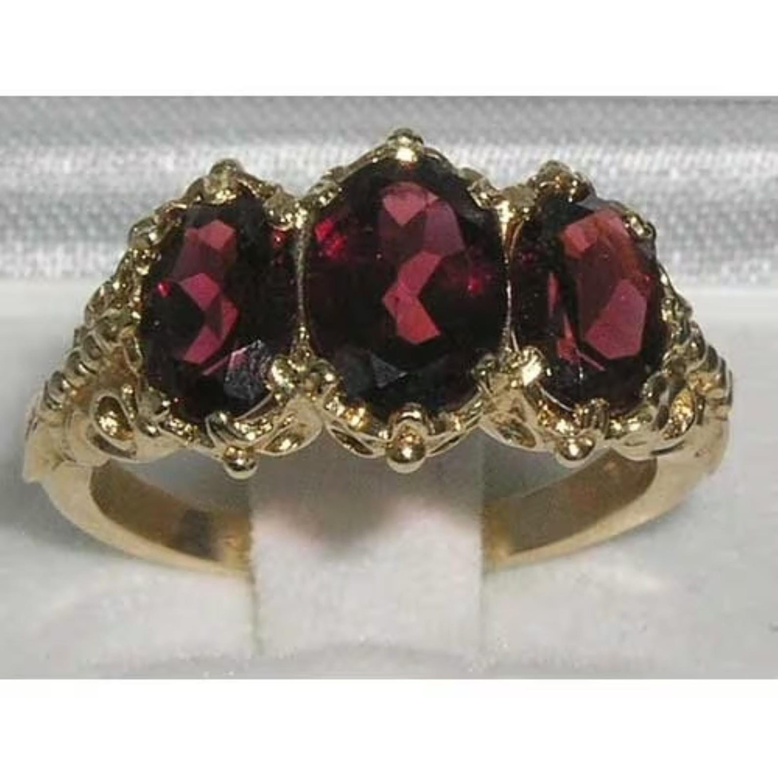 English Victorian Style 9K Yellow Gold Natural Rhodolite Garnet 3 Stone ...