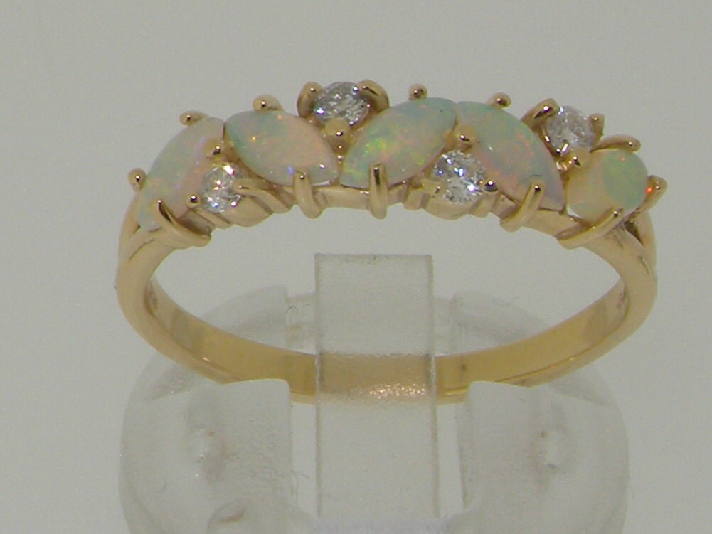 English Marquise Colorful Opal & 0.24ct 1/4ct Diamond 9K Yellow Gold ...