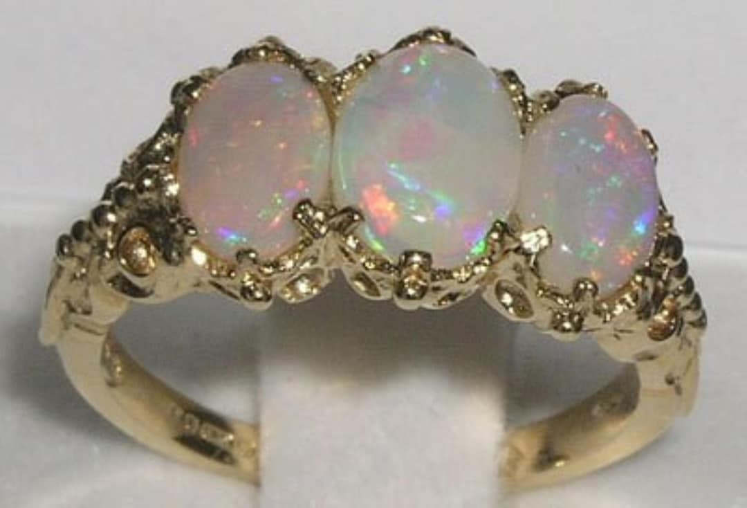 English Victorian Style 9K Yellow Gold Natural Colorful Opal 3 Stone ...