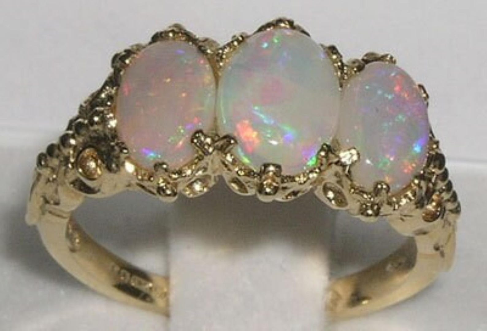 English Victorian Style 9K Yellow Gold Natural Colorful Opal 3 Stone ...