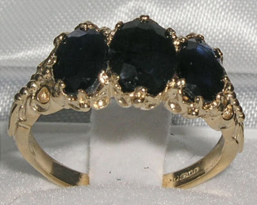 English Victorian Style 9K Yellow Gold 4ct Natural Deep Blue Sapphire 3 ...