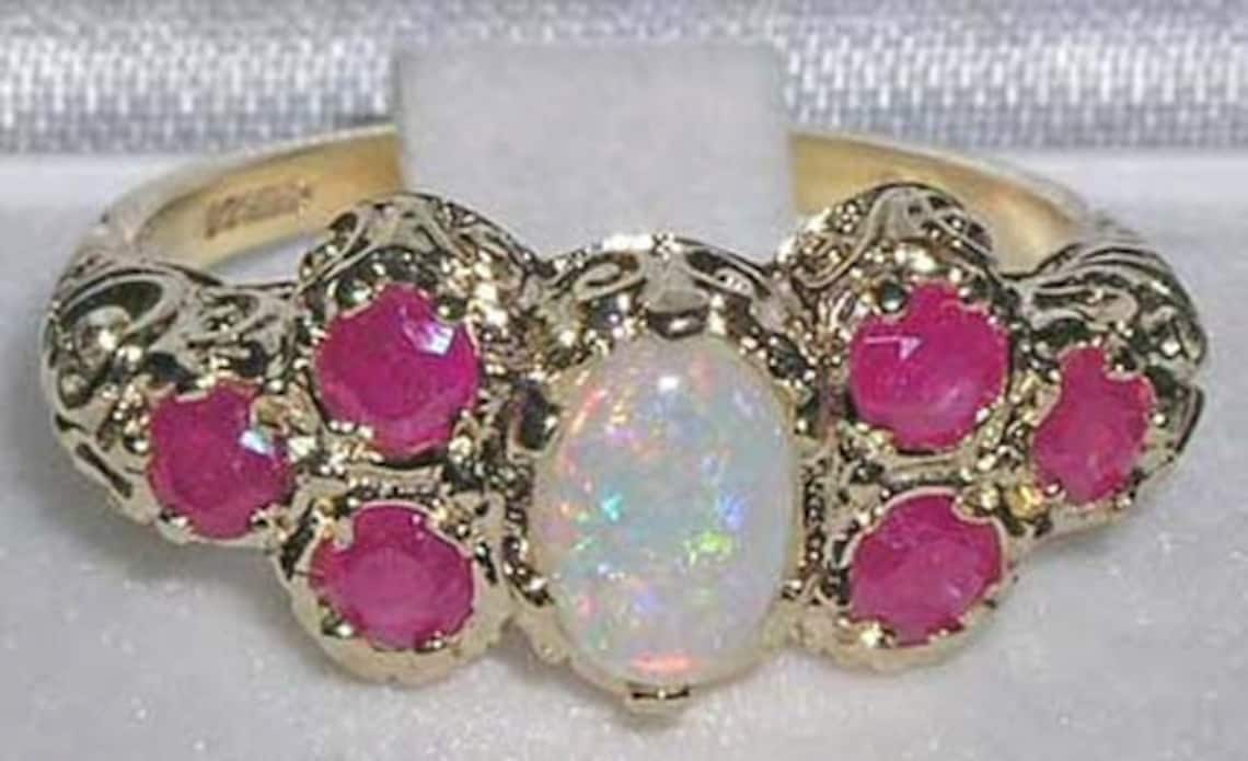 Natural Opal & Ruby Solid 9K Yellow Gold Victorian Style Unique ...