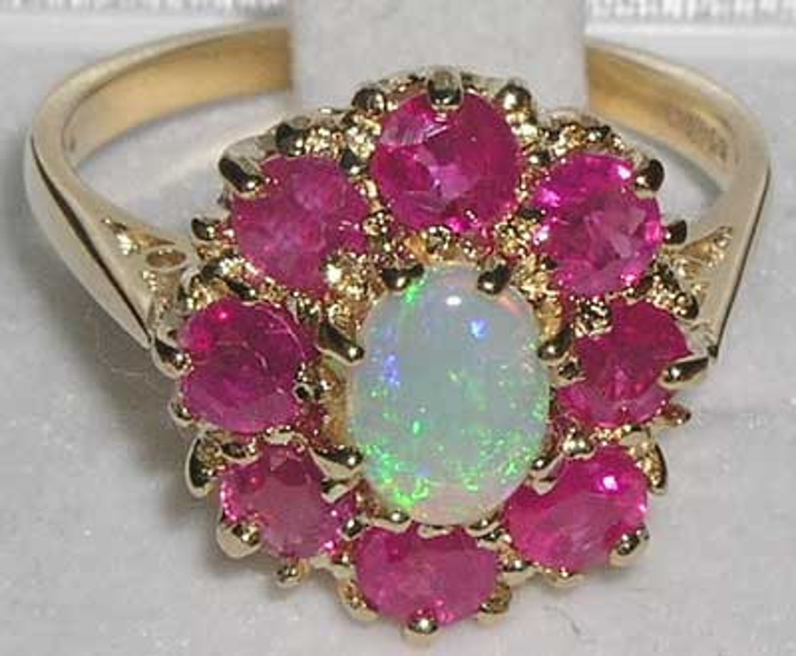 14K Solid Yellow Gold Colorful Opal & Ruby Cluster Flower Ring, English ...