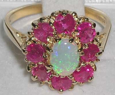 14K Solid Yellow Gold Colorful Opal & Ruby Cluster Flower | Etsy