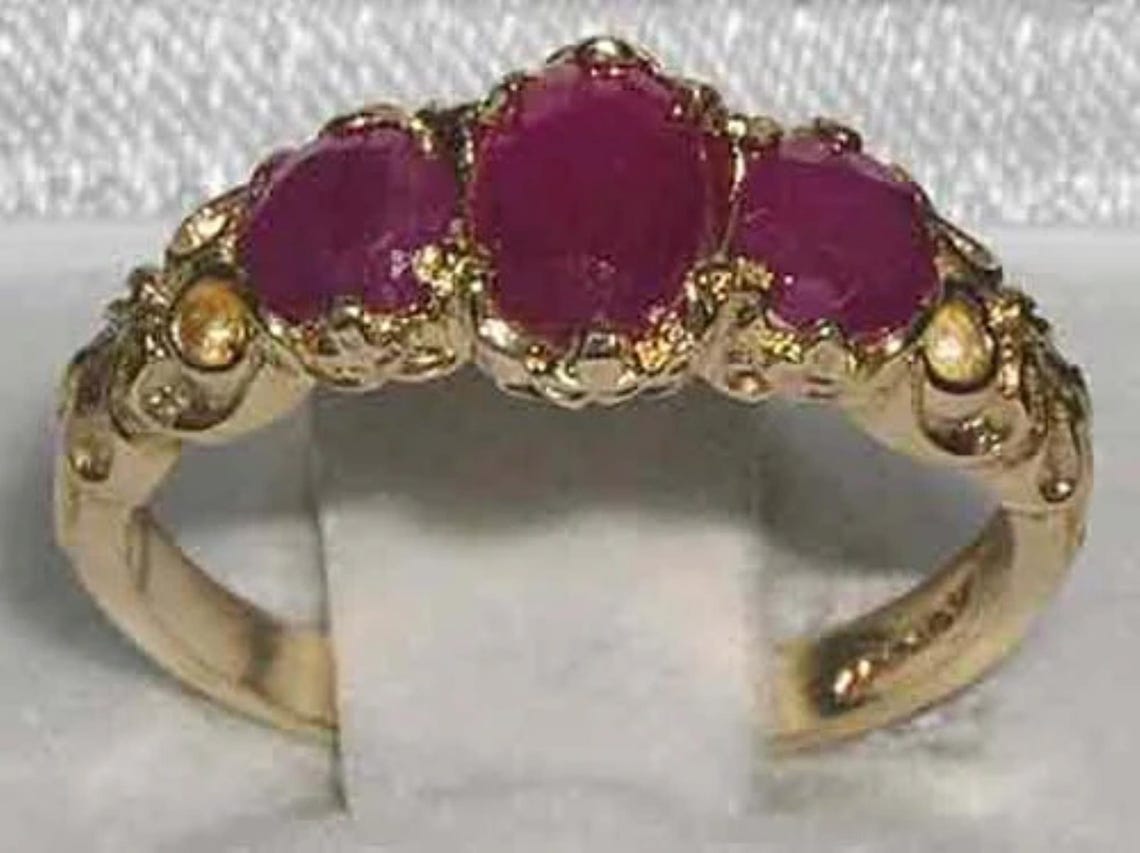 Solid 18K or 14K Yellow Gold Natural Ruby Trilogy Ring | Victorian ...