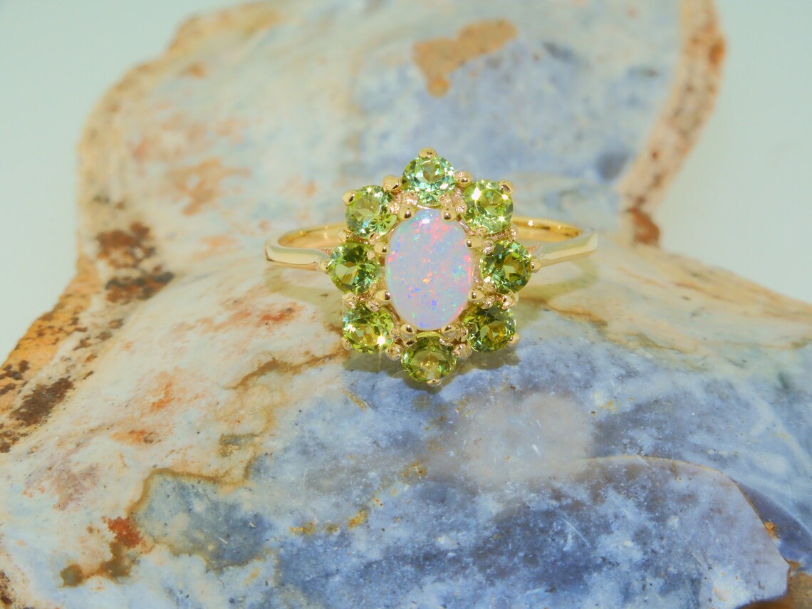 Yellow Gold Opal and Peridot Flower Ring Natural Australian - Etsy