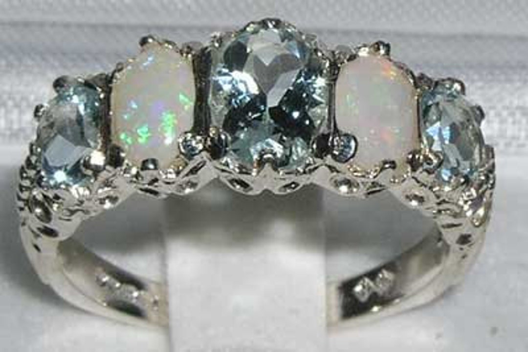 English 925 Solid Sterling Silver Genuine Natural Aquamarine & Opal ...