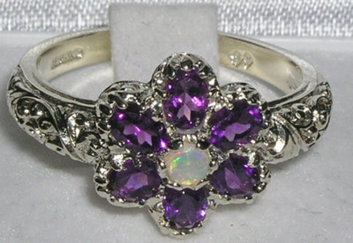 Solid English 925 Sterling Silver Natural Opal & Amethyst - Etsy
