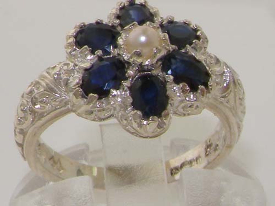 Natural Blue Sapphire & Pearl 9K English Solid White Gold - Etsy