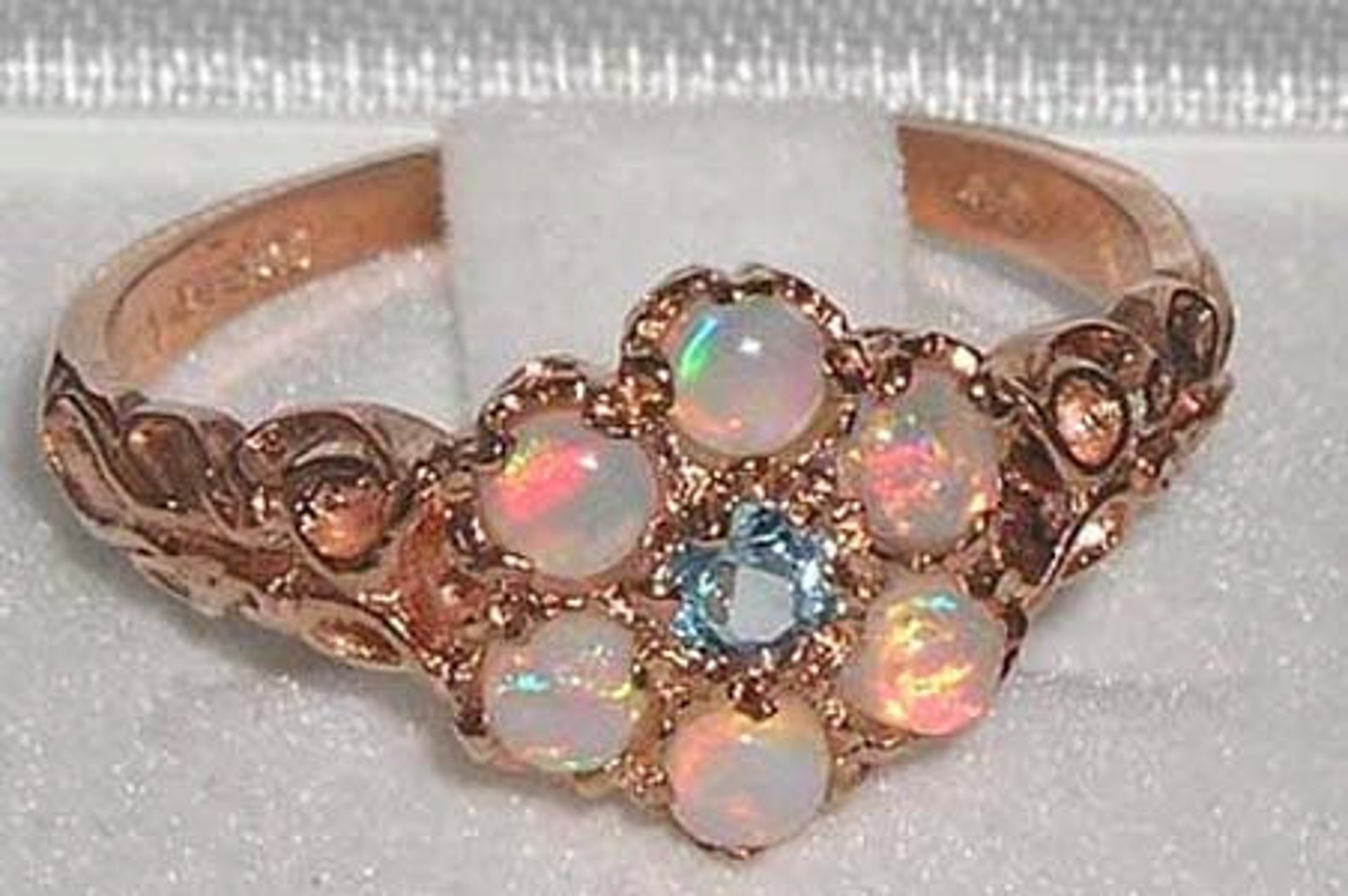 9K Solid Rose Gold Natural Blue Topaz & Colorful Opal Vintage Daisy ...