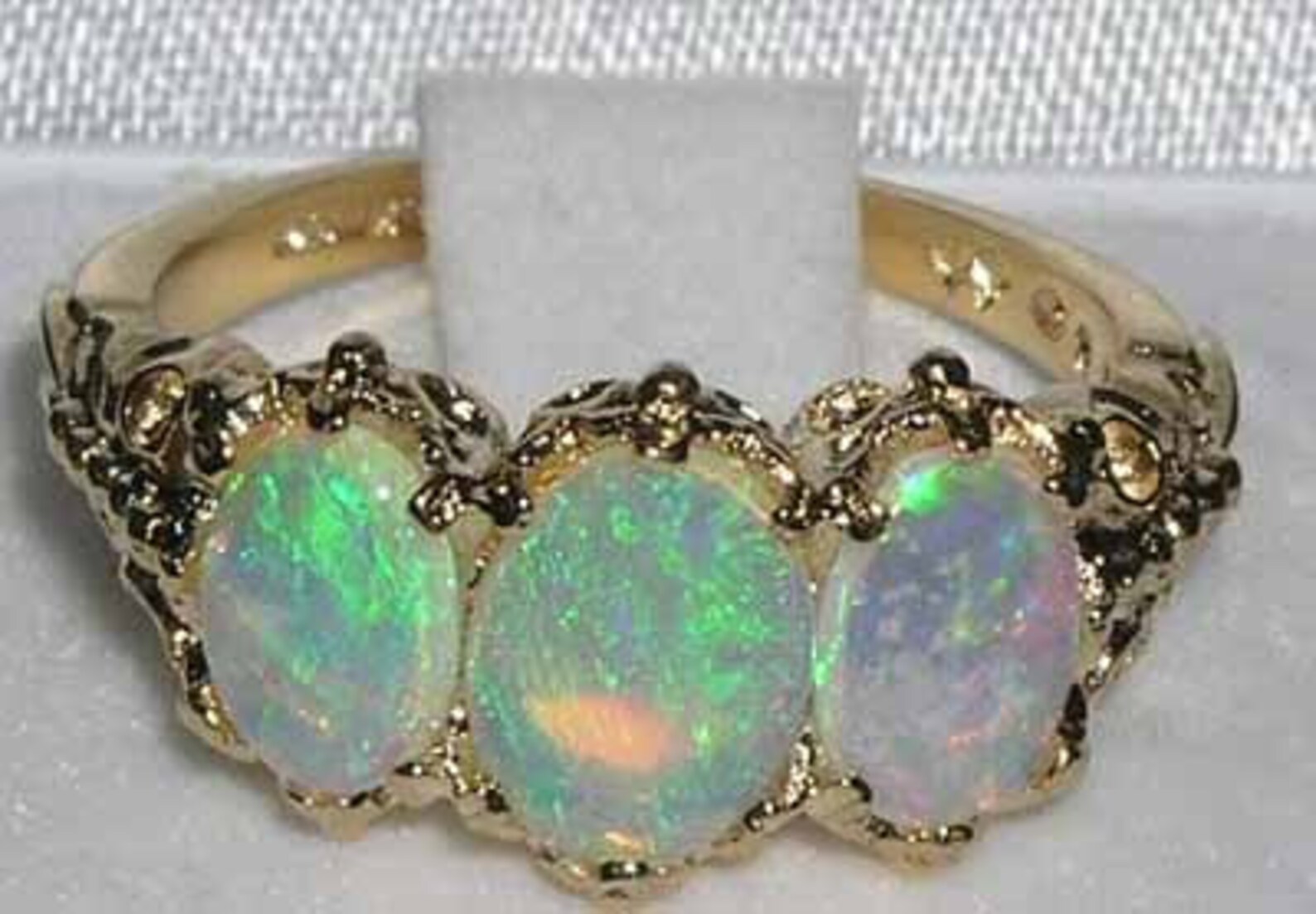 English Victorian Style 9K Yellow Gold Natural Colorful Opal 3 Stone ...