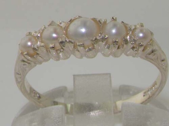 Solid 10K White Gold Natural Freshwater Pearl Five Stone Ring - Etsy