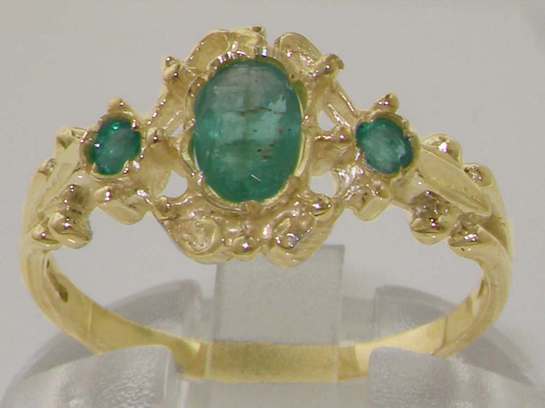 VINTAGE Style Solid 9K Yellow Gold Natural Emerald Womens Ring ...