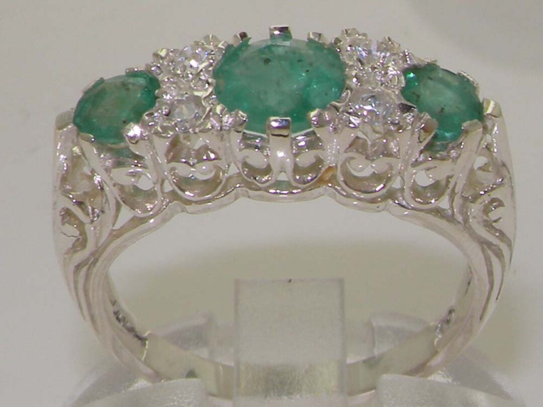 925 Solid English Sterling Silver Natural Emerald & Diamond Filigree ...