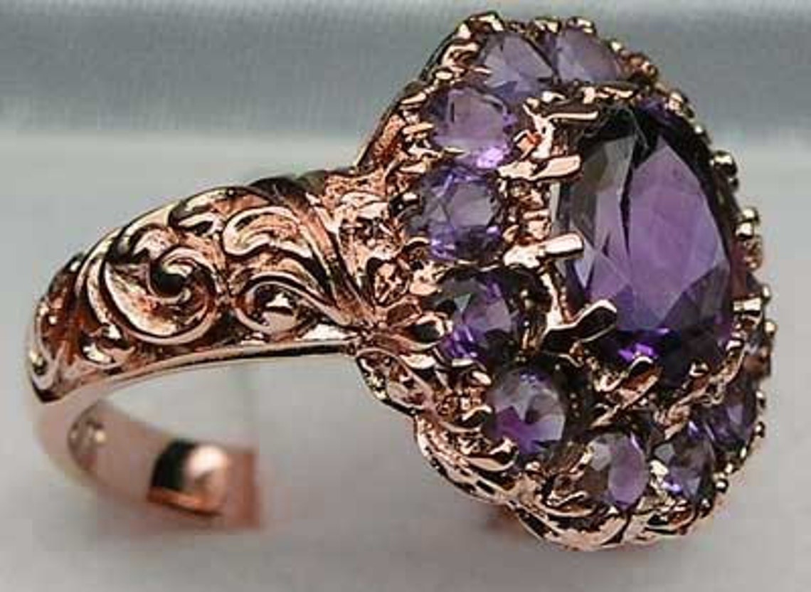 9K Rose Gold Amethyst Cluster Ring | Ornate Gold Cluster | Flower ...