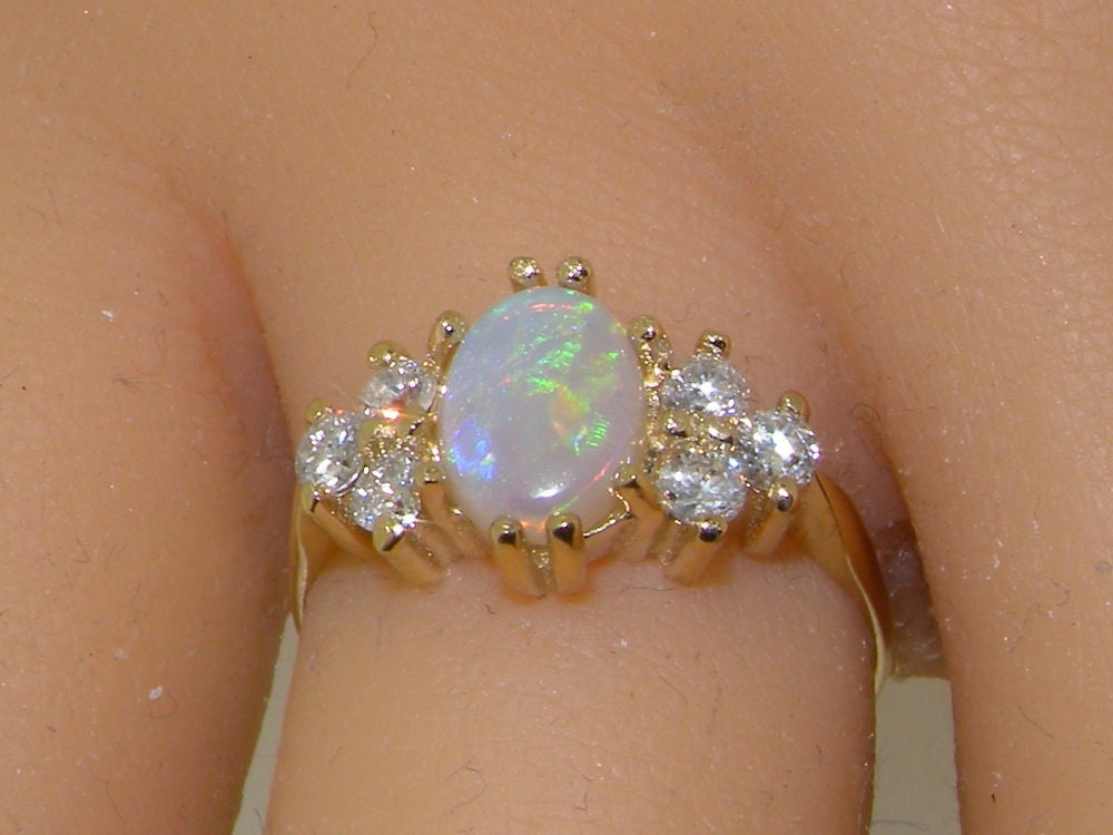 Luxury English 9K Yellow Gold Natural Colorful Opal & 0.36ct 1/3ct ...