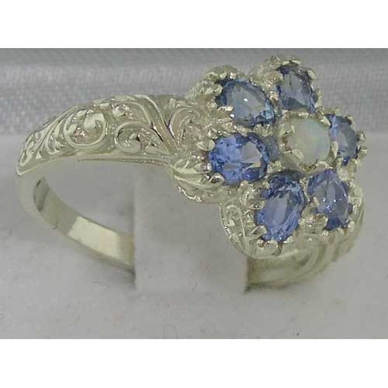 9K White Gold Natural Colorful Opal & Blue Ceylon Sapphire Cluster ...
