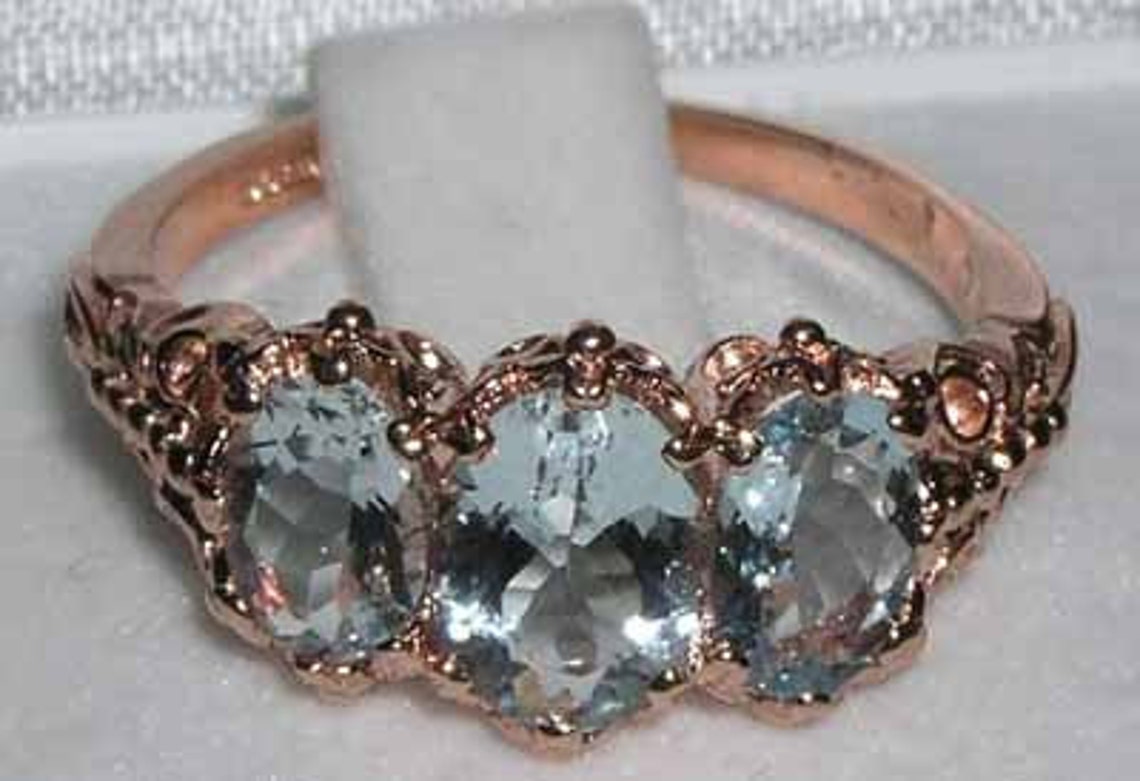 English Victorian Style 9K Rose Gold Natural Aquamarine 3 Stone Ring ...