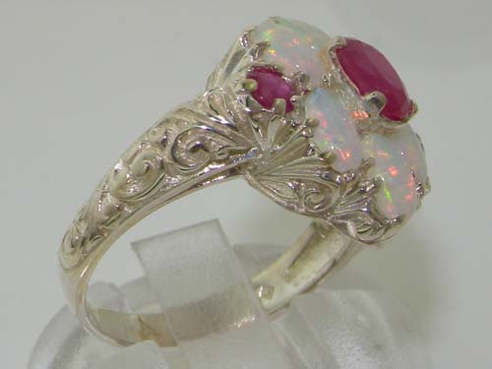 Solid 925 Sterling Silver Natural Ruby & Colorful Opal Victorian Style ...