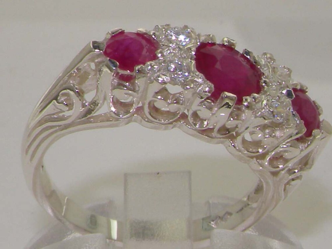925 Solid English Sterling Silver Natural Ruby & Diamond Filigree ...