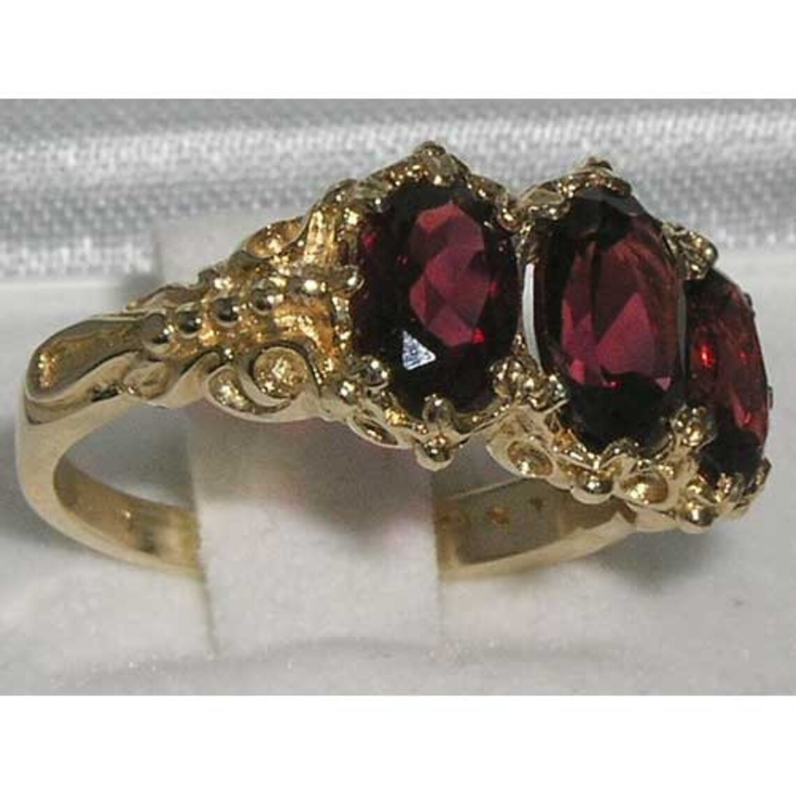 English Victorian Style 9K Yellow Gold Natural Rhodolite Garnet 3 Stone ...