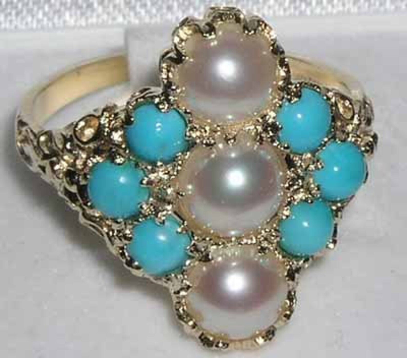 Natural Pearl & Blue Turquoise 9K White Gold Large Unique Vintage Style ...