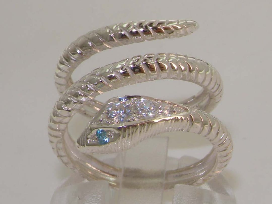 Solid 925 Sterling Silver Blue Topaz & Cubic Zirconia CZ Snake Band ...