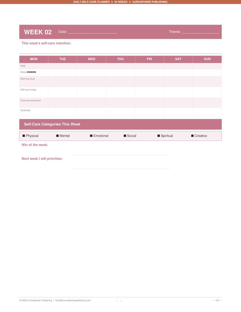 Buy Daily Self Care Planner Printable PDF|52 Week Wellness Planner|self ...