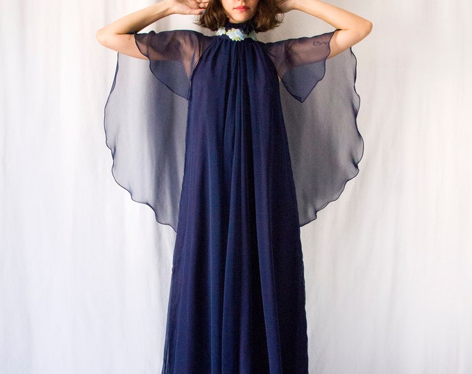 1970s Jean Varon Navy Blue Capelet Chiffon Evening Gown With Floral ...