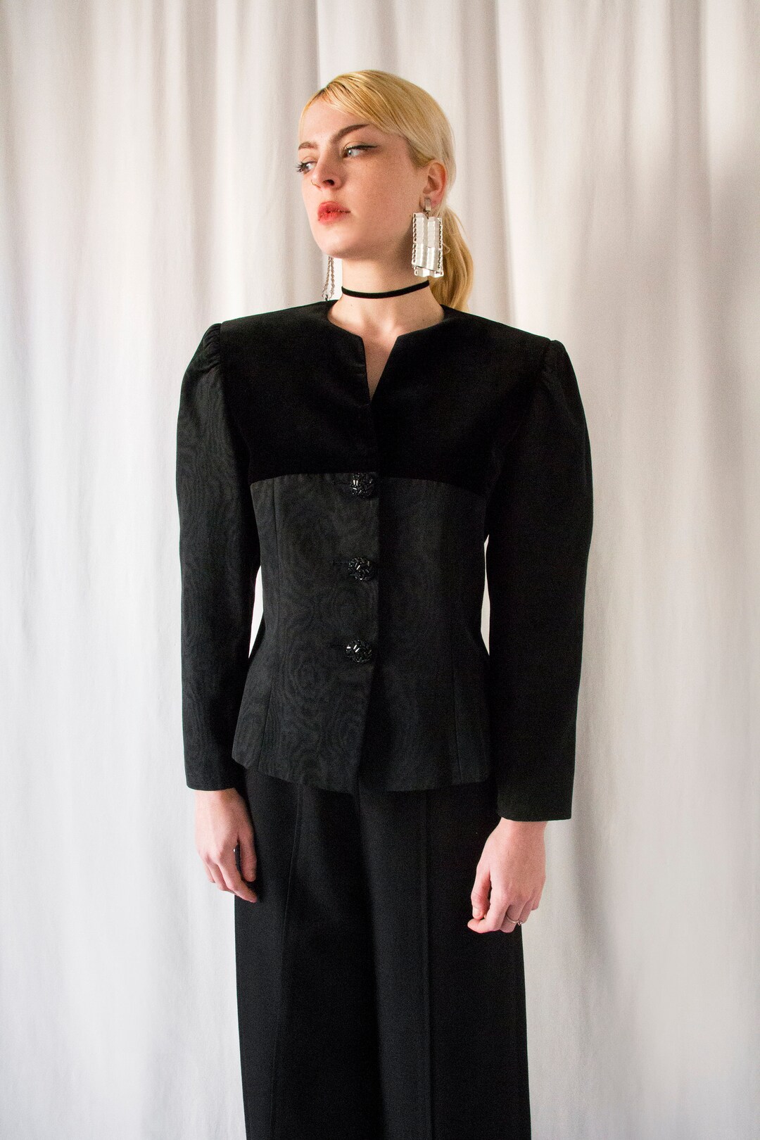 1980s Guy Laroche Black Moire Velvet Jacket With Big Jewel Buttons ...