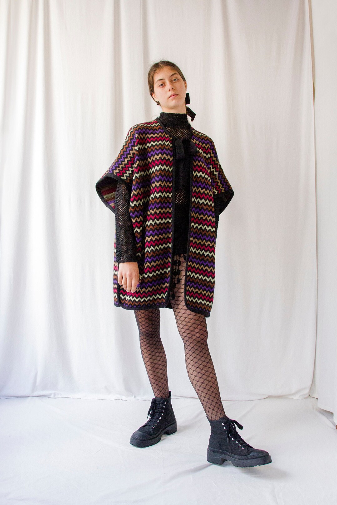 1970s Nina Ricci Zig-zag Pattern Knit Wool Cape // 70s Kimono Shape ...