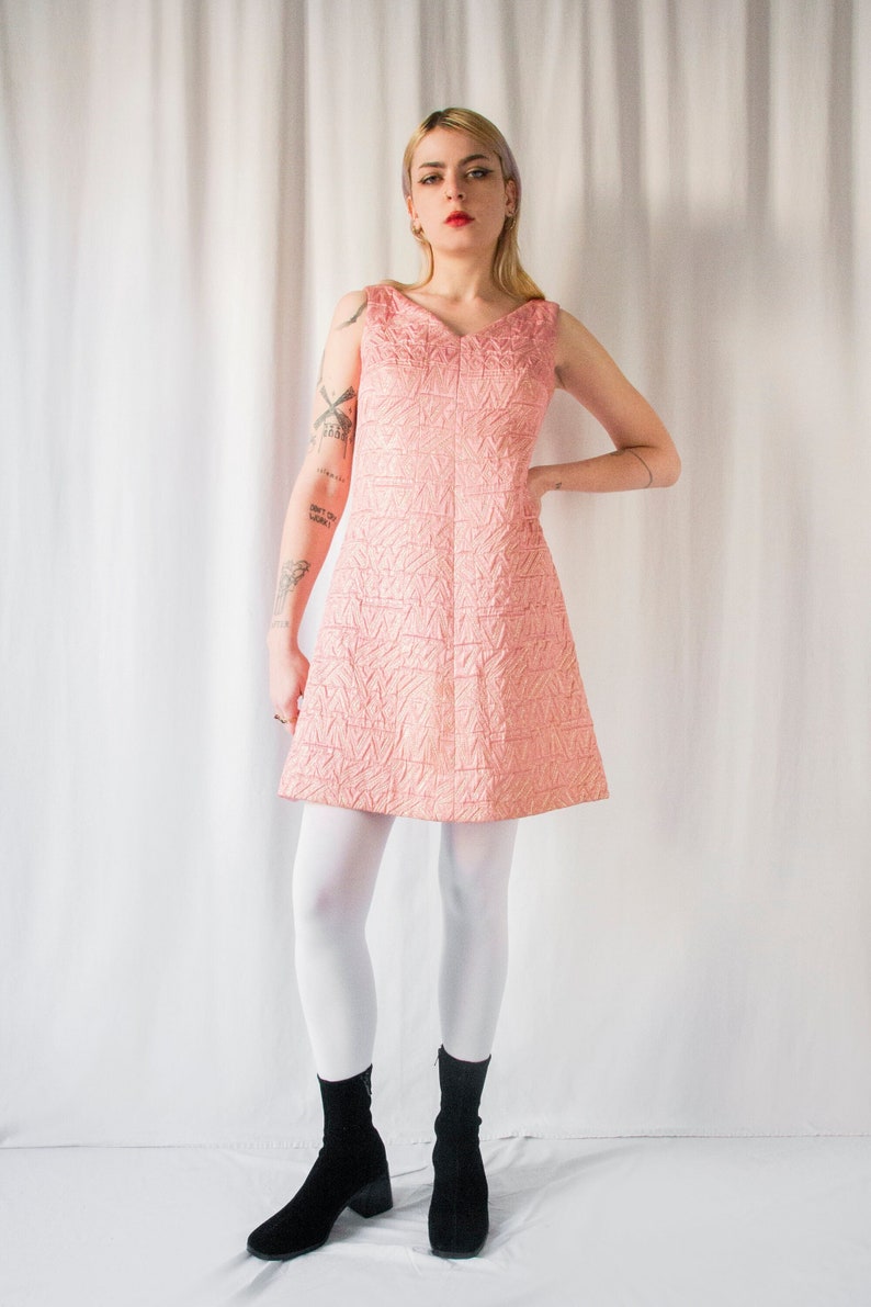 1960s Pink & Gold Metallic Brocade Jacquard Cocktail Mini Dress ...