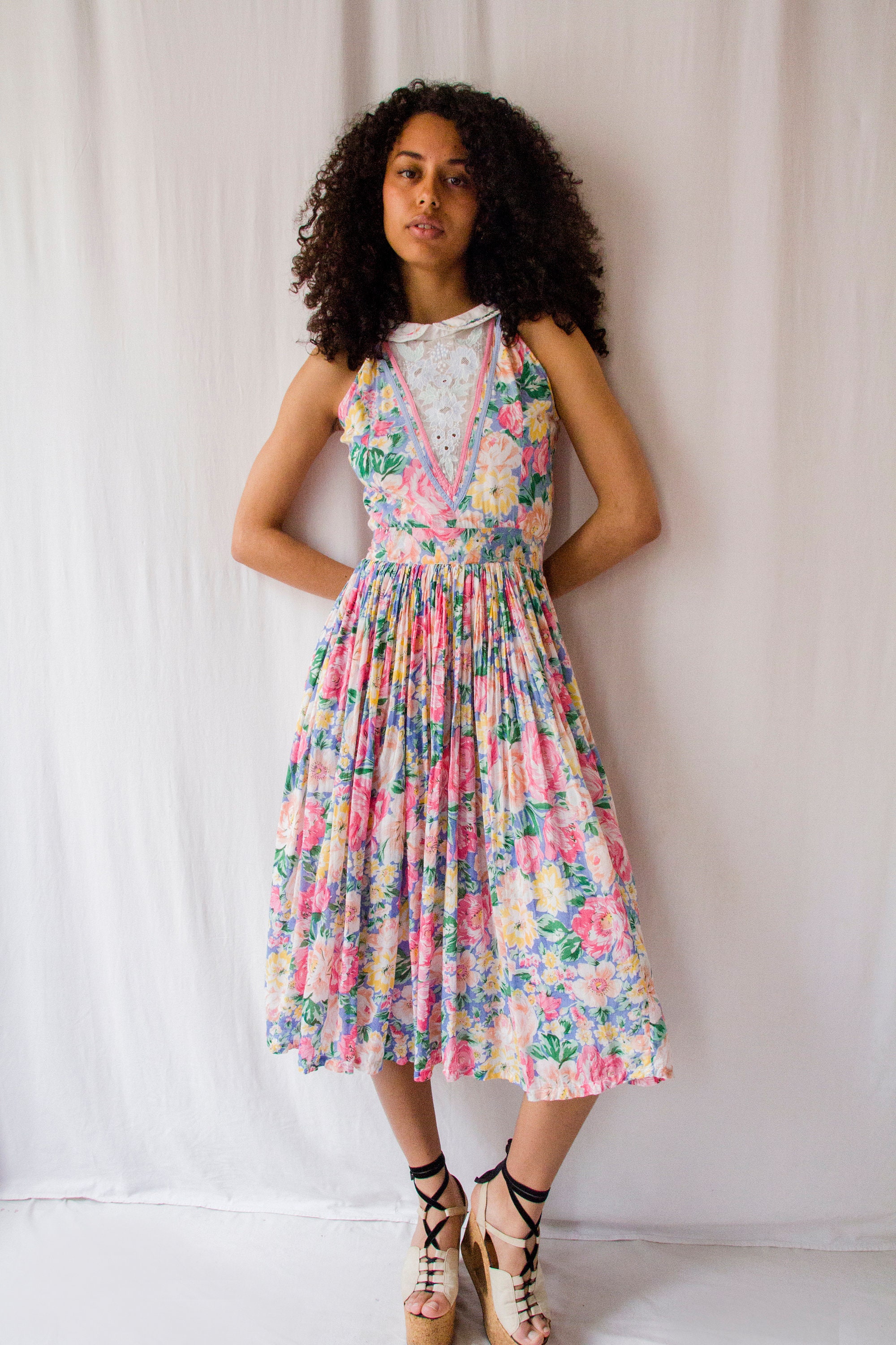 1980s René Derhy Indian Colorful Floral Print Dress With Pockets ...