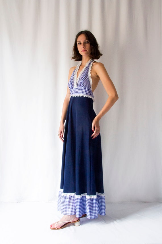 1970s British boutique Switch blue vichy halter maxi … - Gem