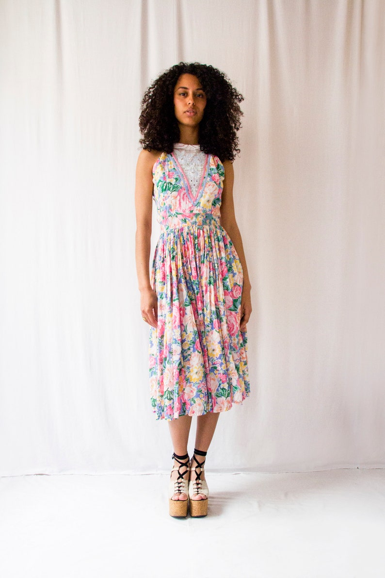 1980s René Derhy Indian Colorful Floral Print Dress With Pockets ...
