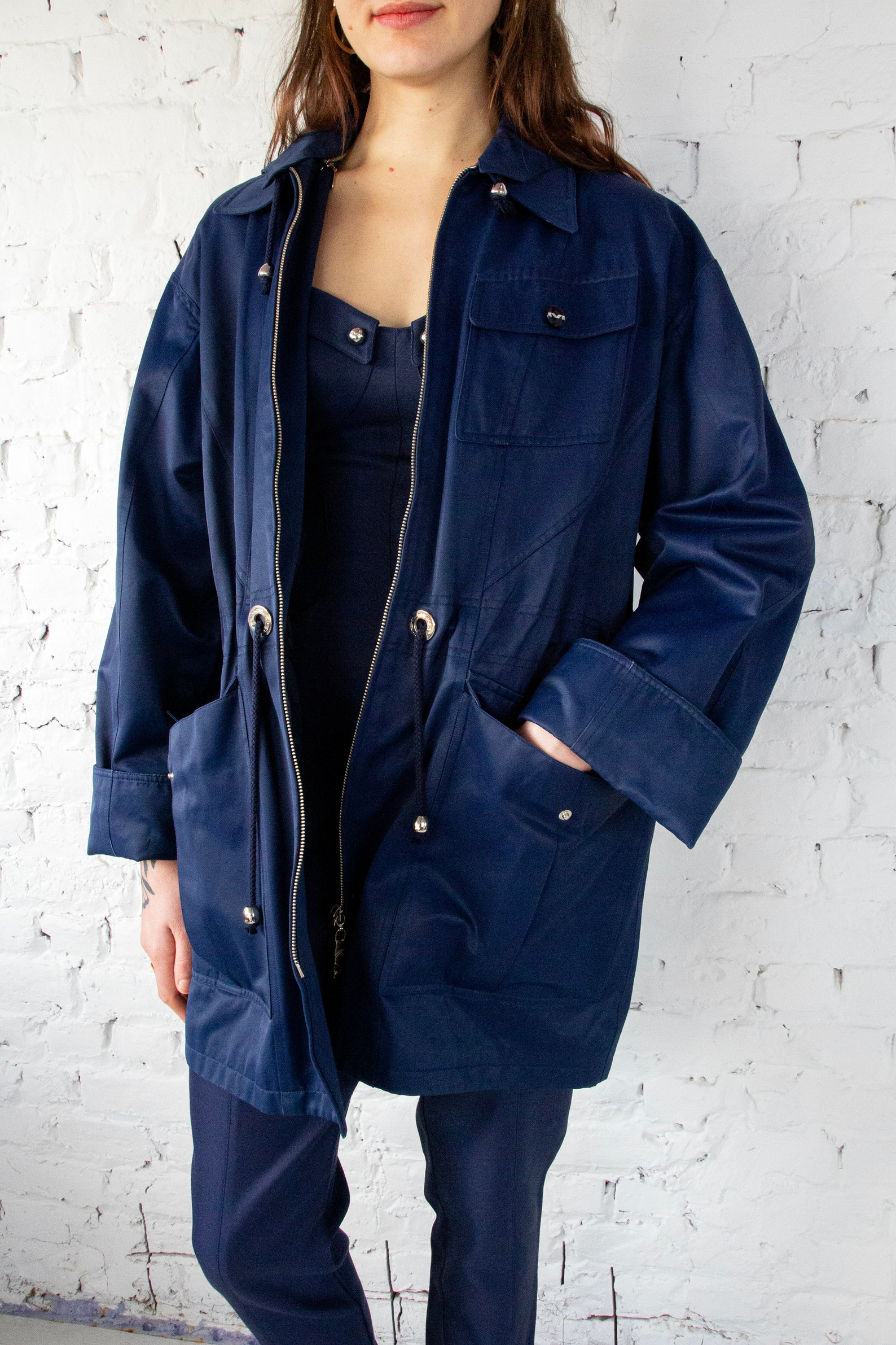 1990s Thierry Mugler Navy Blue Oversized Rain Jacket With Removable ...