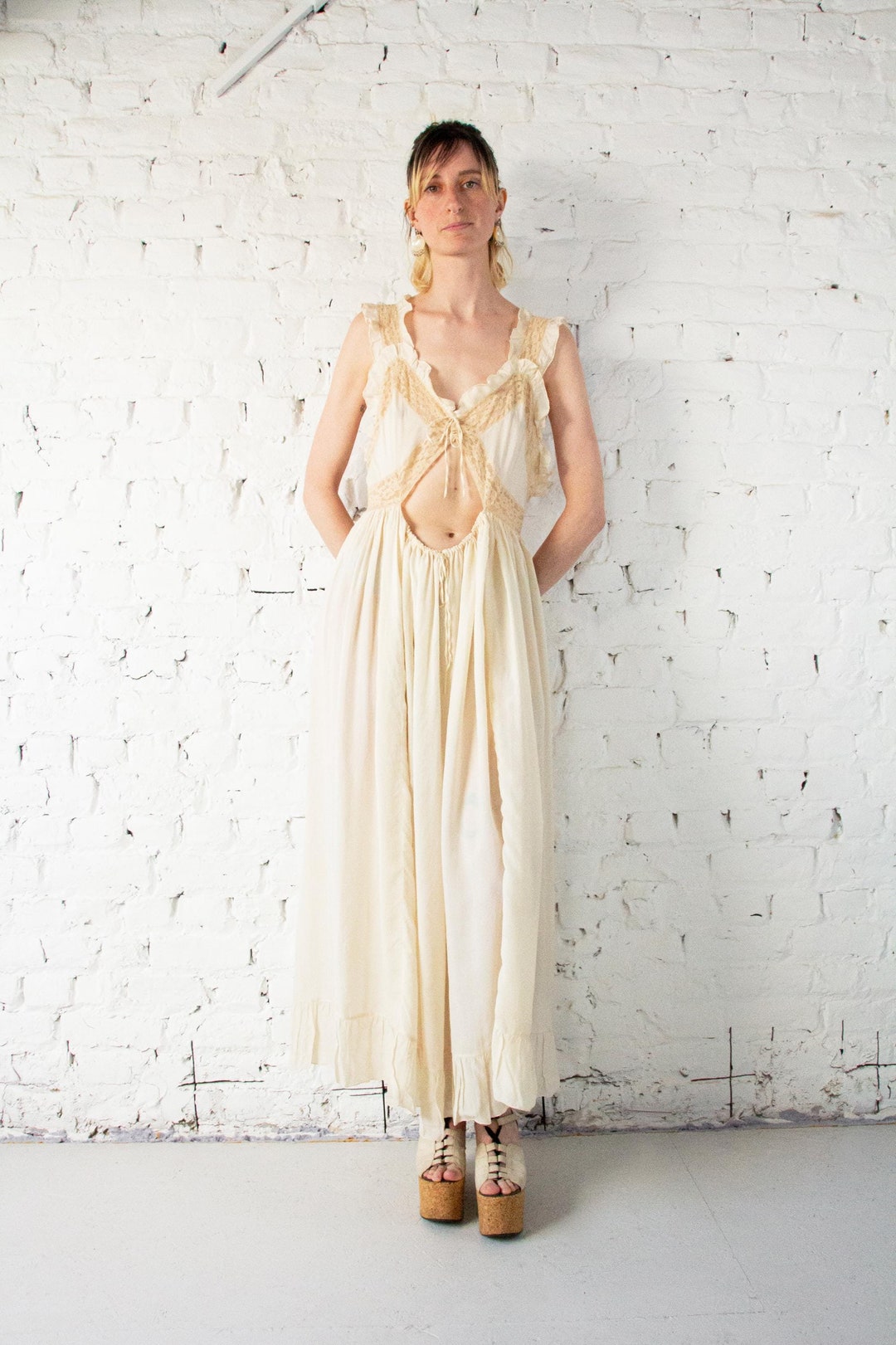 1930s Ivory Silk Cut Out Lingerie Night Dress With Lace Details ...
