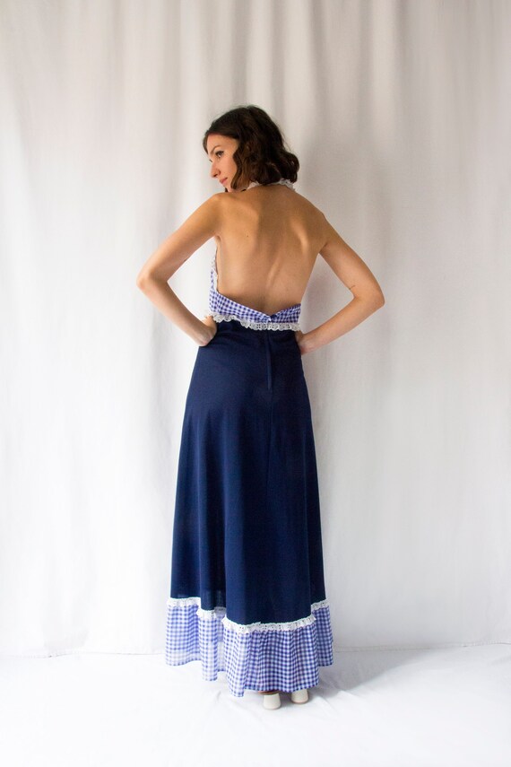 1970s British boutique Switch blue vichy halter maxi … - Gem