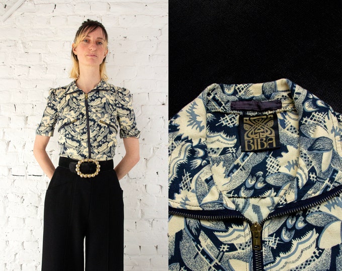 1970s BIBA White & Blue Floral Print Cotton Zipped Top With Pockets ...