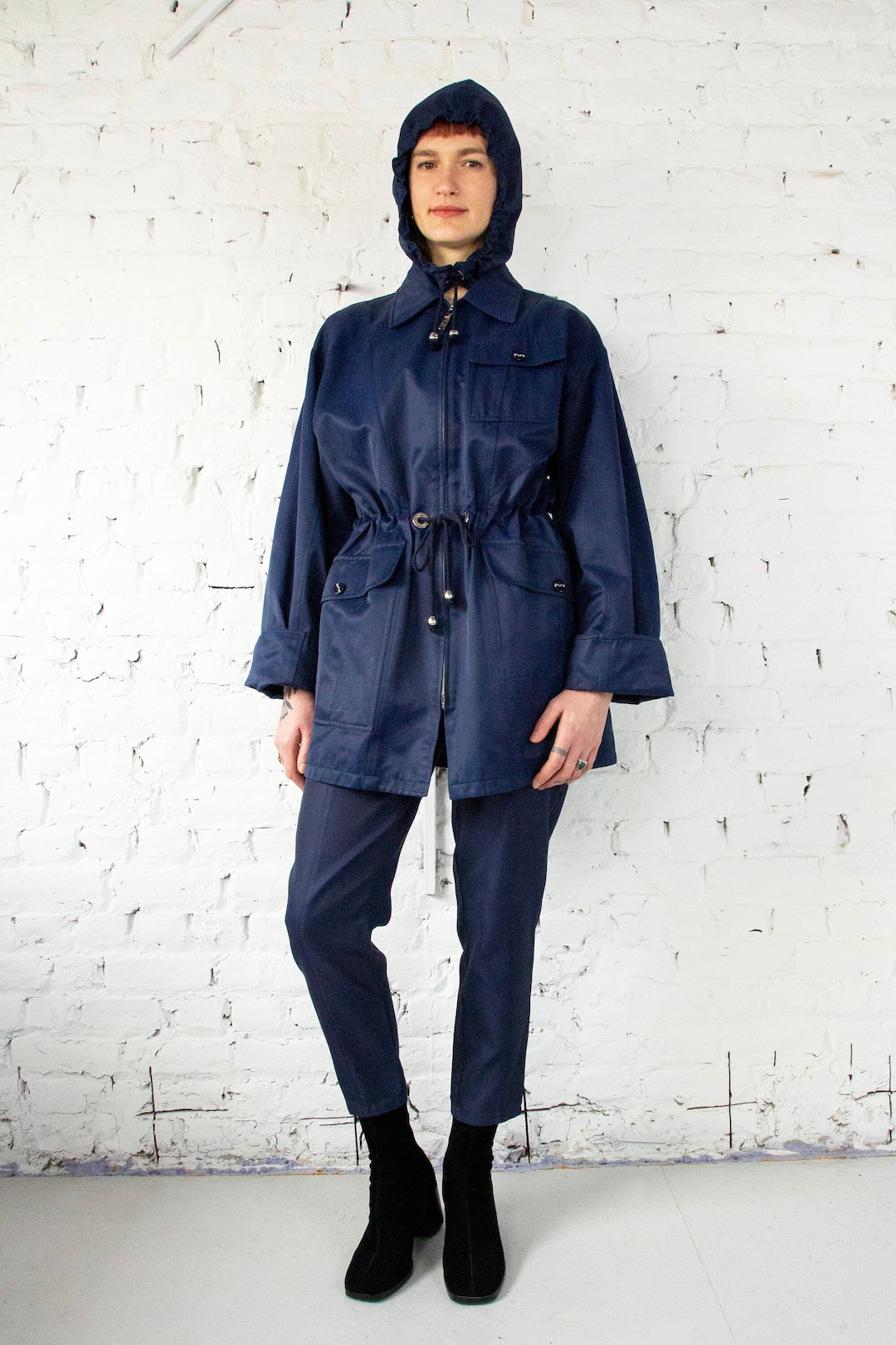 1990s Thierry Mugler Navy Blue Oversized Rain Jacket With Removable ...